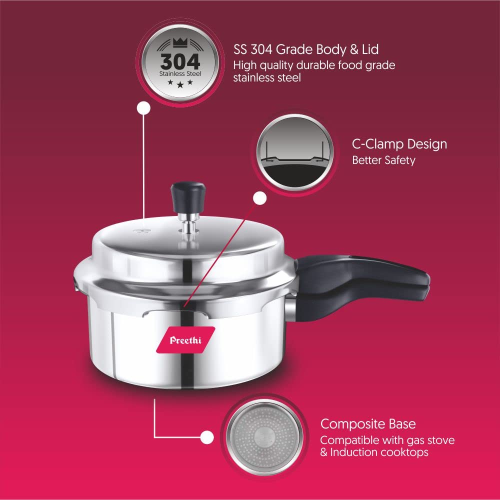 Preethi Induction Base Stainless Steel Outer Lid Pressure Cooker, 2 Li ...