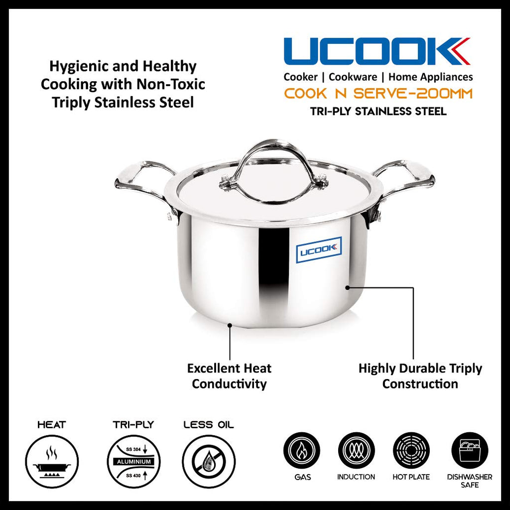 UCOOK Stainless Steel Triply Induction Compatible Cook n Serve, 200 mm ...