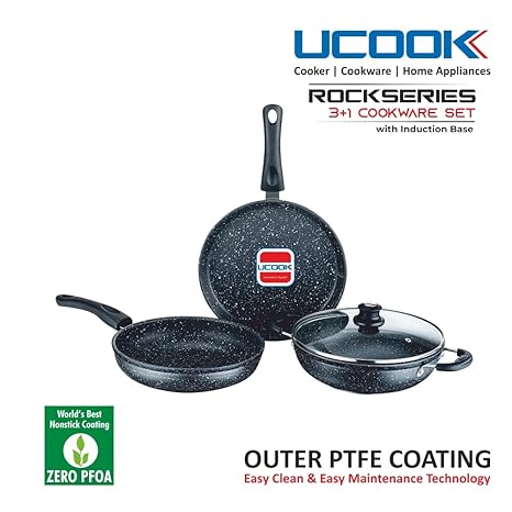 Ucook COOKWARE- UCOOK ROCK SERIES NS SET 3+1PCS(DEEP KADHAI+FRYPAN+TAV ...