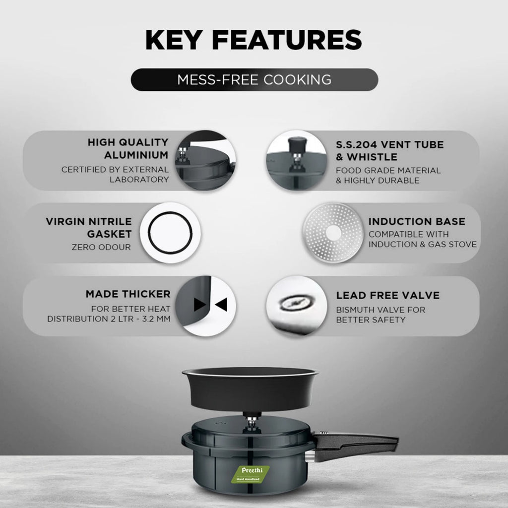 Preethi Hard Anodised Pressure Cooker with Spill Splash Shield 2L Oute ...